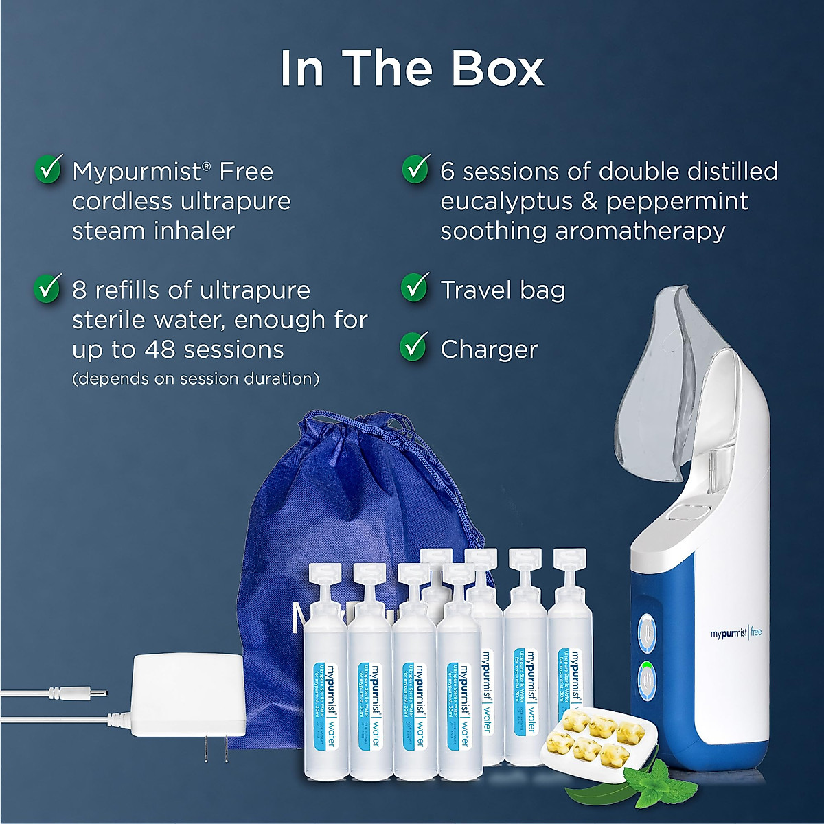 mypurmist Cordless Ultrapure Steam Inhaler - Handheld Steamer, Vaporizer & Humidifier for Sinus Relief, Nasal Congestion, Cold & Cough, & Vocal Care for Singers (Base Kit)