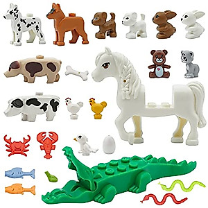 PIPART Friend Animal Figures 24 Pieces Building Blocks Accessories Pack, Horse, Dog, Cat, Pig, Chicken, Rabbit, Bear, Bird, Fish, Crab, Snake, Frog, Crocodile, Farm and Sea Animal Zoo
