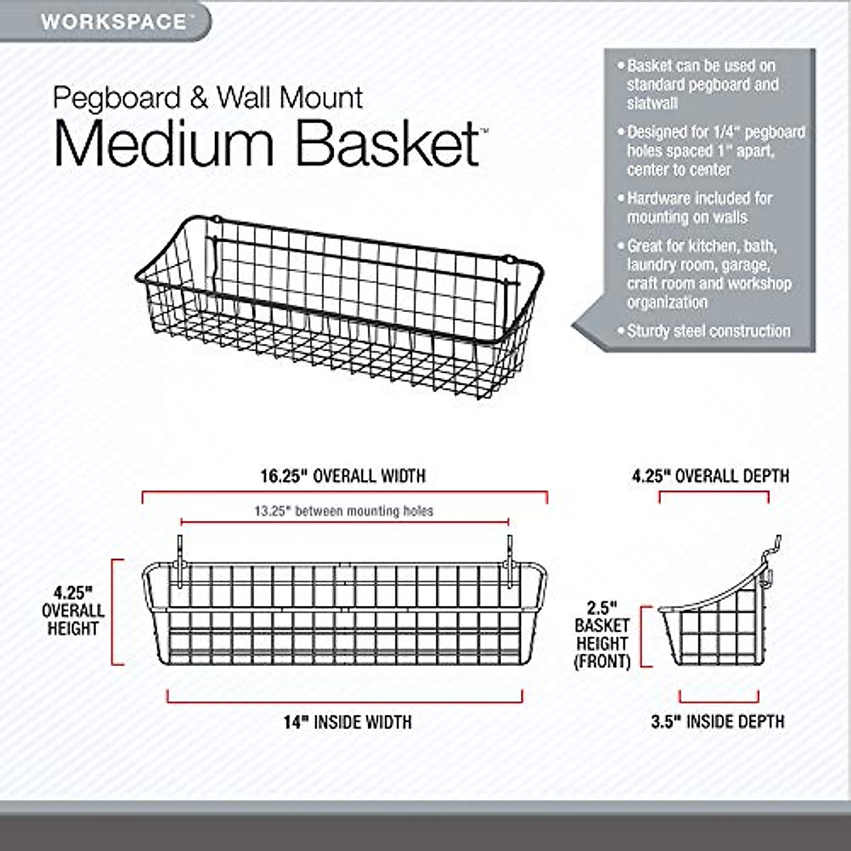 Spectrum Diversified Medium Pegboard & Wall, Wire Slatwall & Pegboard Mount Basket, 16.25"L x 4.5"W, Industrial Gray