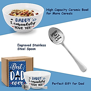 Father's Gift Dad Cereal Bowl and Cereal Killer Spoon Set with Best Dad Ever Greeting Card Set of 3 Birthday Engraved Box Basket Cerealsly Love You Daddy Christmas Present from Daughter Son Ice Cream