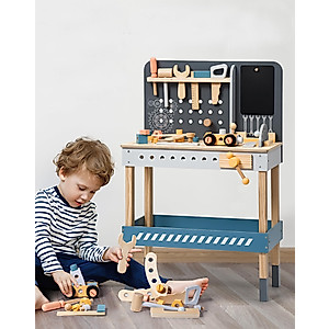 ROBUD Tool Bench Set for Toddlers Wooden Workbench Toy Workshop Construction Tools Bench Creative Pretend Play Toys Education Gift for Kid Boys Girls