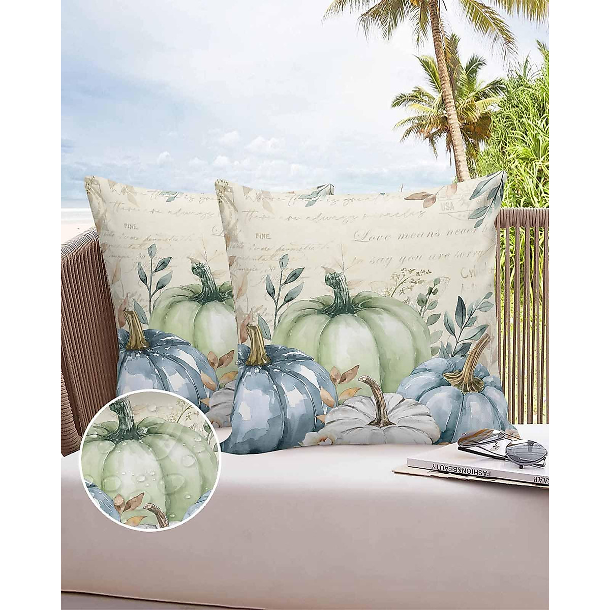 MUSWEDSEP Outdoor Pillow Covers Pack of 2,Fall Thanksgiving Pumpkin Green Blue Farm Plants Waterproof Throw Pillow Cover Decorative Cushion Case for Patio Garden Couch Sofa,Retro Letter Pillowcase