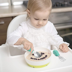 HIWOOD Baby Spoon and Fork Training Set with Travel Case, Toddler Utensils Silverware Set, 316 Stainless Steel and Silicone Flatware set for kids Self Feeding(Cow, Green)