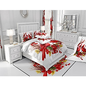 jejeloiu Red Cardinals Bedding Set Queen Size Kids Pine Cones Comforter Cover Set for Boys Girls Teens Cute Birds Duvet Cover Romantic Love Bedspread Cover Room Decorations Quilt Cover