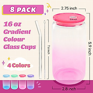 Joyclub 16oz Glass Cups with Acrylic Lids and Straws 8 Set Can Shaped Glass Iced Coffee Cups with Lids, Gradient Drinking Glasses Cute Tumbler Cup Great for Smoothie Soda Boba Tea Cocktail Beer Gift