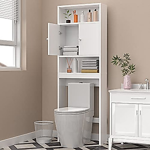 Hayiodda Over The Toilet Storage Cabinet, Double Door Bathroom Organizer Toilet Cabinet with Open Shelf, 76.77" H, White