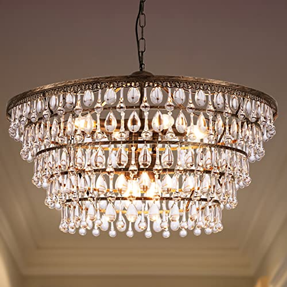 Wellmet Crystal Chandelier,Farmhouse Bronze Bathroom Chandeliers, Foyer Lighting Hanging Pendant Light Fixture for Bedroom Entryway Living Kids Room Corridor Closet