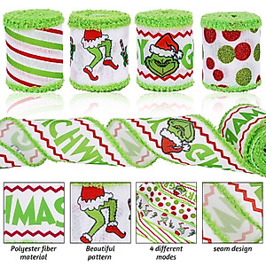 AnyDesign Christmas Wired Edge Ribbon Rolls 2.5 Inch 24 Yards Christmas Craft Fabric Ribbon Cartoon Character Stripe Dot Gift Wrapping Ribbon for Xmas Tree Wreath Bow DIY Craft Decoration, 4 Rolls