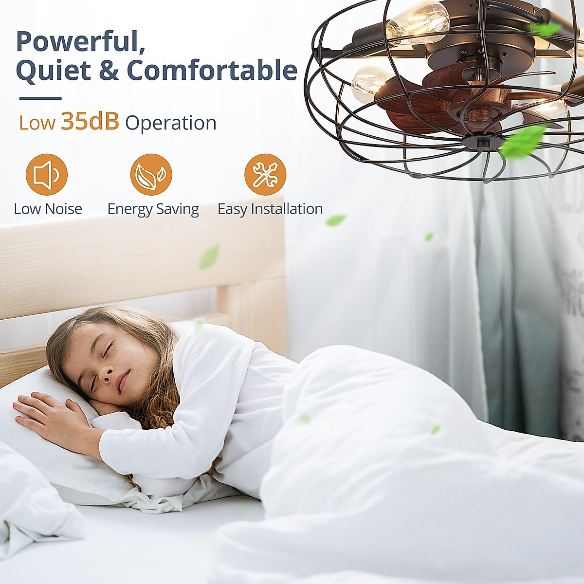 LEDIARY 20" Caged Ceiling Fans with Lights and Remote, Flush Mount Bladeless Ceiling Fan Low Profile, Small Farmhouse Industrial Enclosed Ceiling Fan with Light for Bedroom, Kitchen, Indoor