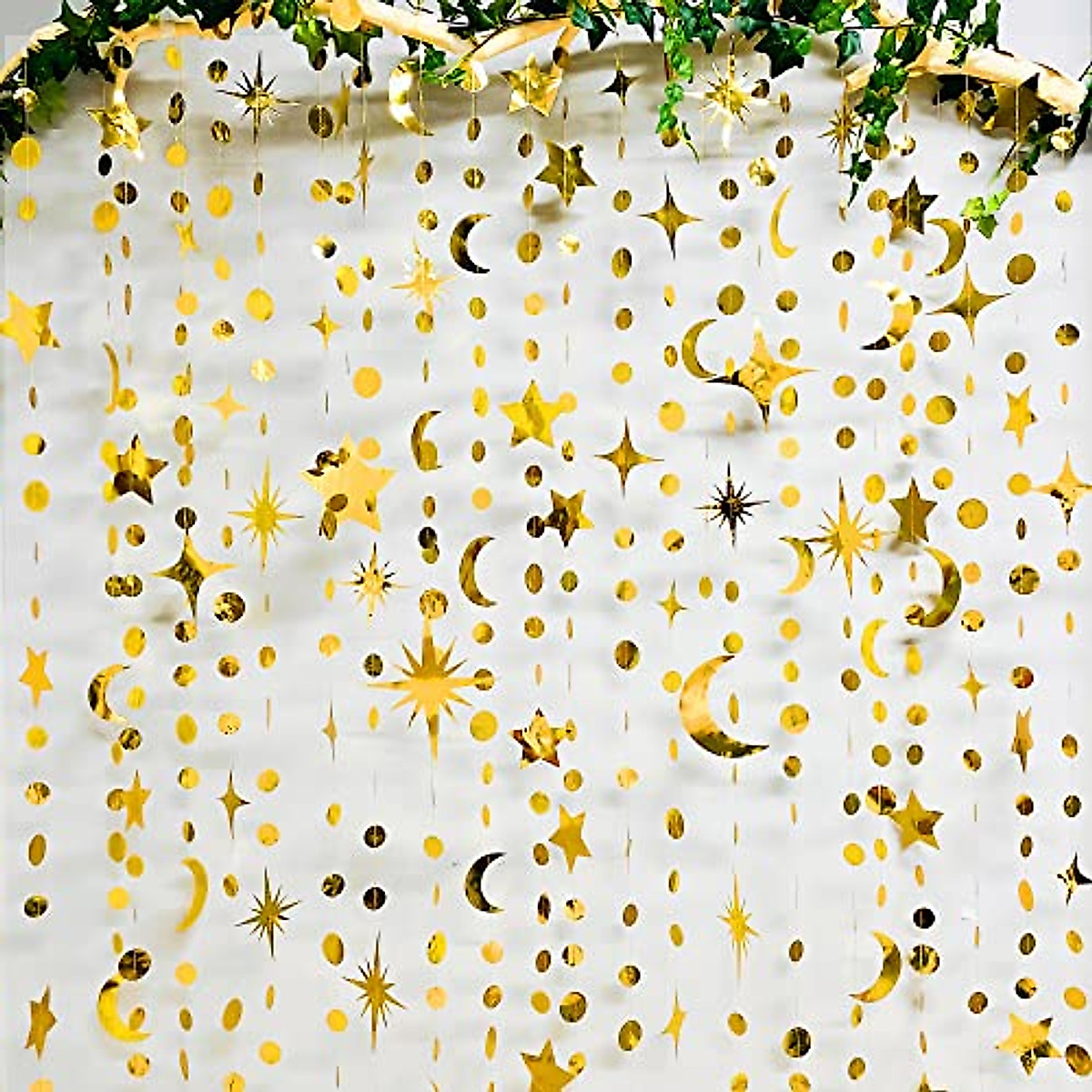 Gold Star Moon Circle Dot Garland Party Decorations Kit Hanging Crescent and Twinkle Little Star Streamer Bunting Banner for Kids Room First Birthday Ramadan EID Mubarak Baby Shower Wedding Engagement