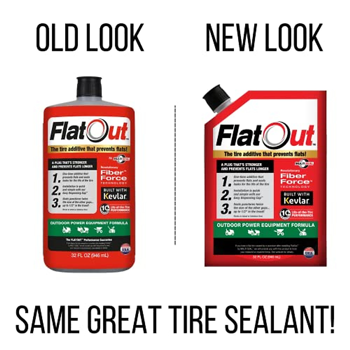FlatOut Tire Sealant Outdoor Power Equipment Formula - with Valve Core Tool and Replacement Valve Core, Prevent Flat Tires, Seal Leaks, Contains Kevlar, 32-Ounce Bottle, 1-Pack