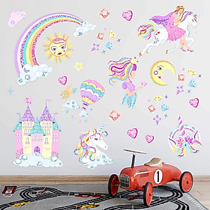 Castle Unicorn Wall Decals Princess Reflective with Heart Rainbow Vinyl Wall Stickers Gifts for Baby Girls Bedroom Party Decoration (3PCS)