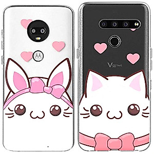 Toik Matching Couple Cases for Apple iPhone 11 Pro Xs Max Xr 10 X 8 Plus 7 6s 5s SE Kawaii Flexible Design Cat Clear Girlfriend Cute TPU Lovely Protective Gift Print Silicone Bow Bunny