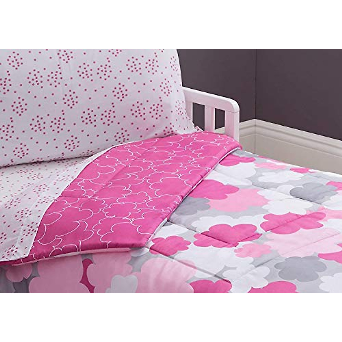 Delta Children 4 Piece Toddler Bedding Set for Girls - Reversible 2-in-1 Comforter - Includes Fitted Comforter to Keep Little Ones Snug, Bottom Sheet, Top Sheet, Pillow Case - Pink Clouds