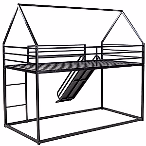 Harper & Bright Designs Twin over Twin House Bunk Bed with Slide and Ladder, Metal Low Bunk Bed Frame for Kids Girls Boys - Black