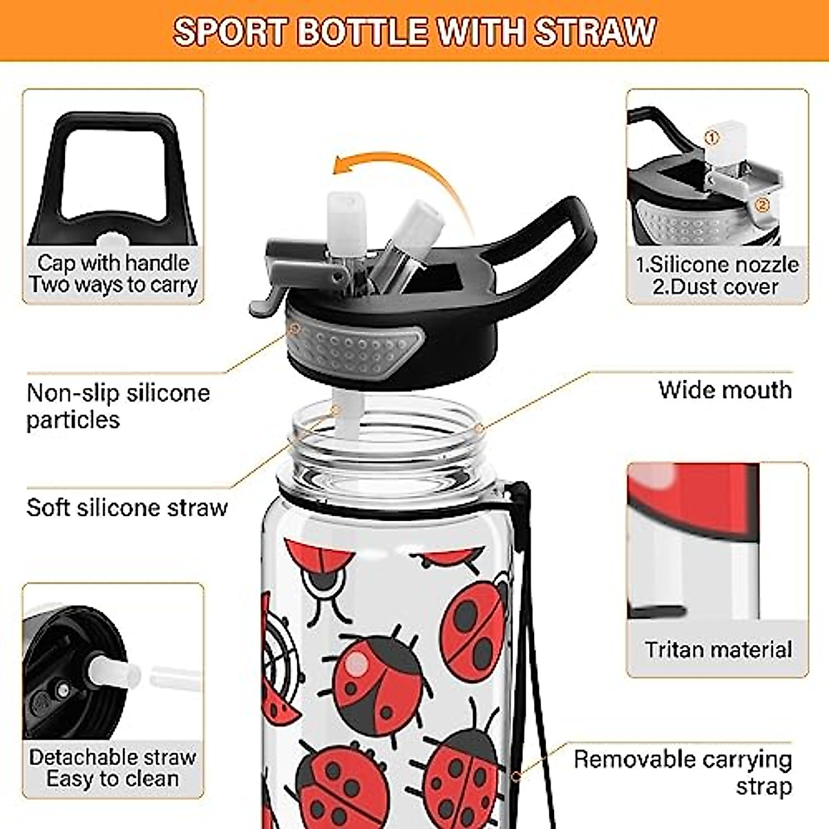 Boccsty Bright Ladybird Ladybugs Kids Water Bottle with Straw Sports Bottles BPA-Free Tritan Plastic Water Jug for Women Men Gym Outdoors