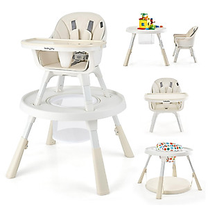 BABY JOY 7 in 1 Baby High Chair, Convertible Infant Feeding Chair w/Removable Tray, Adjustable Legs & Storage Basket, Toddler Building Block Table/Kids Table & Chair Set, Beige