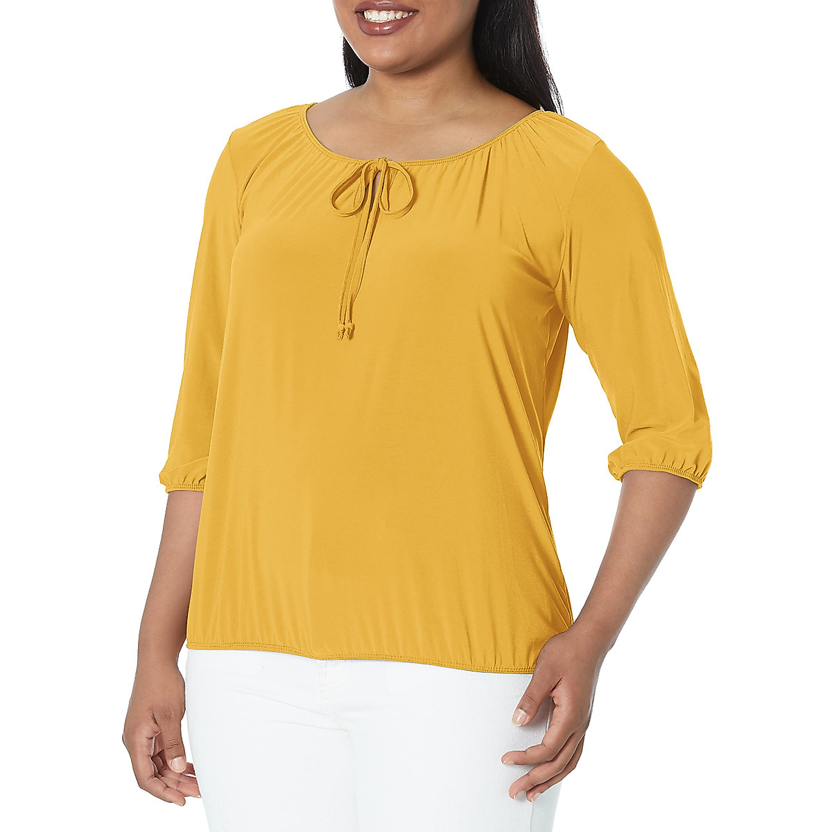 Star Vixen Women's 3/4 Sleeve, Front Tie Peasant Top, Mustard, X-Large