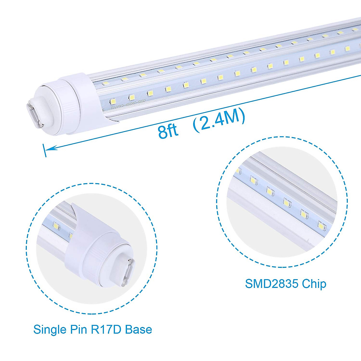 FALANFA R17D 8 Foot Bulb Light,270 Degree V Shaped LED Replacement for Fluorescent Fixtures,T8 6000K Cool White,Clear Cover,85V-265V, Dual-Ended,Rotatable HO Base (Pack of 12)