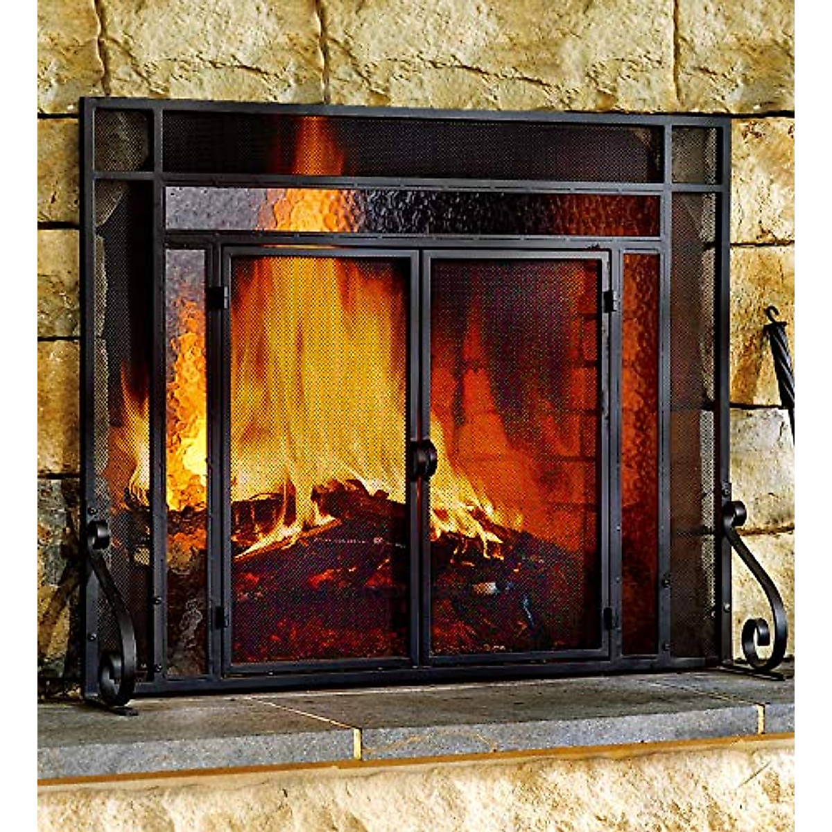 Plow & Hearth Metal Fireplace Screen Glass Flatguard Black | 38" W x 31" H | 2 - Door | Spark Guard Indoor Grate | Iron Fire Place Cover | Wood Burning Stove Decorative Accessories