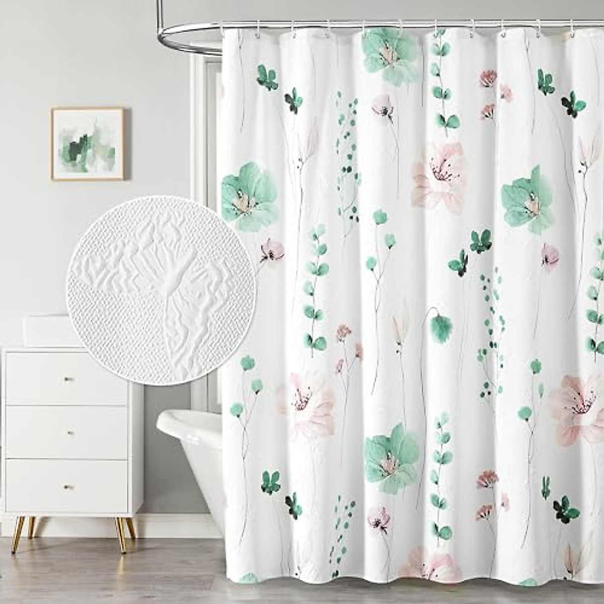 QiyI Watercolor Floral Shower Curtain, 3D Embossed Butterflies Sage Green Flower Bathroom Curtain, Minimalist White Cloth Bath Curtain, Waterproof Fabric Textured Shower Curtain Set with Hooks, 72x72
