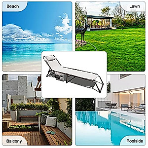 GOLDSUN Foldable Patio Chaise Lounge Chair for Outdoor with Detachable Pocket and Pillow, Portable Adjustable Sun Lounger Recliner for Beach, Camping and Pool-Beige（1pack