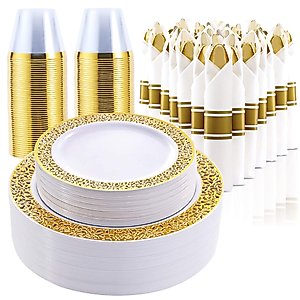 350 Piece Dinnerware Set for Wedding & Party,50 Guest Lace Design Plastic Plates,50 Plastic Silverware,50 Cups,50 Linen Like Napkins,50 Guest Disposable Dinnerware Set (Gold)
