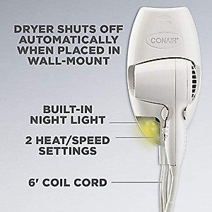 Conair Wall-Mount Hair Dryer, 1600W Hair Dryer with LED Night Light, Wall Mount Blow Dryer