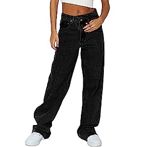 Astylish Black Jeans for Women Mid Waisted Baggy Boyfriend Mom Wide Leg Denim Pants Black Size 16