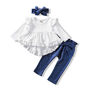 NZRVAWS 12 Months Baby Girls Clothes Infant Outfit 6 Months Toddler Long Sleeve Ruffle White Shirt Tops + Denim Blue Long Pants Fall Winter