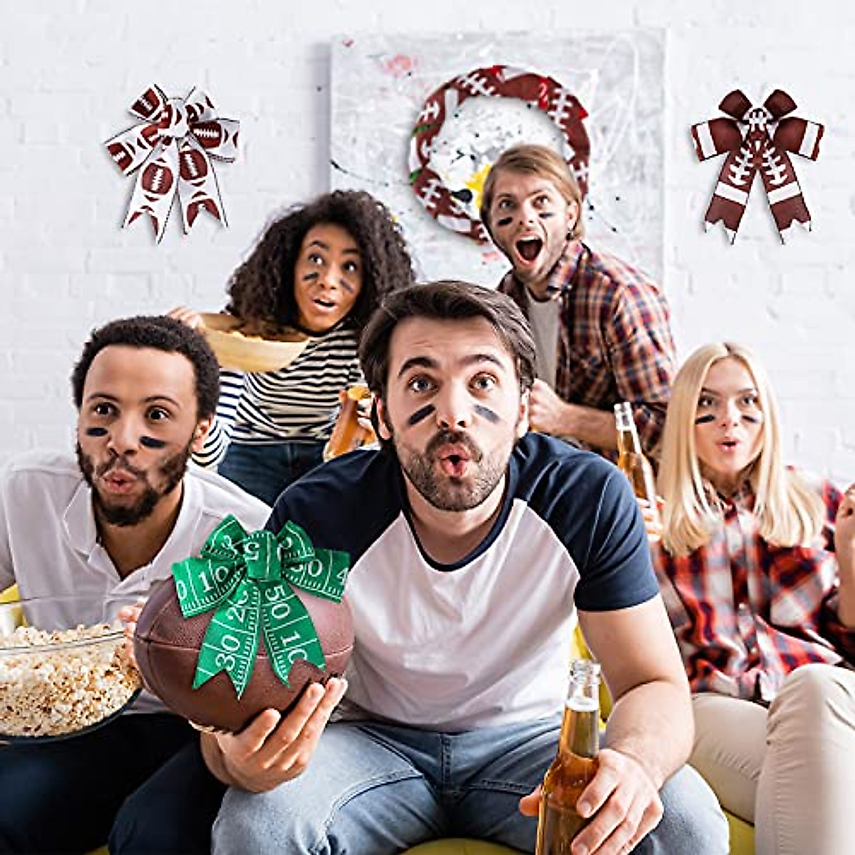 26 Yards 2.5 Inch Football Wired Ribbon Sport Wired Edge Ribbon Football Printed Burlap Ribbon Green Striped Ribbon for DIY Present Wrapping Craft, Football Fan Wreath, Swag and Bow, 4 Rolls