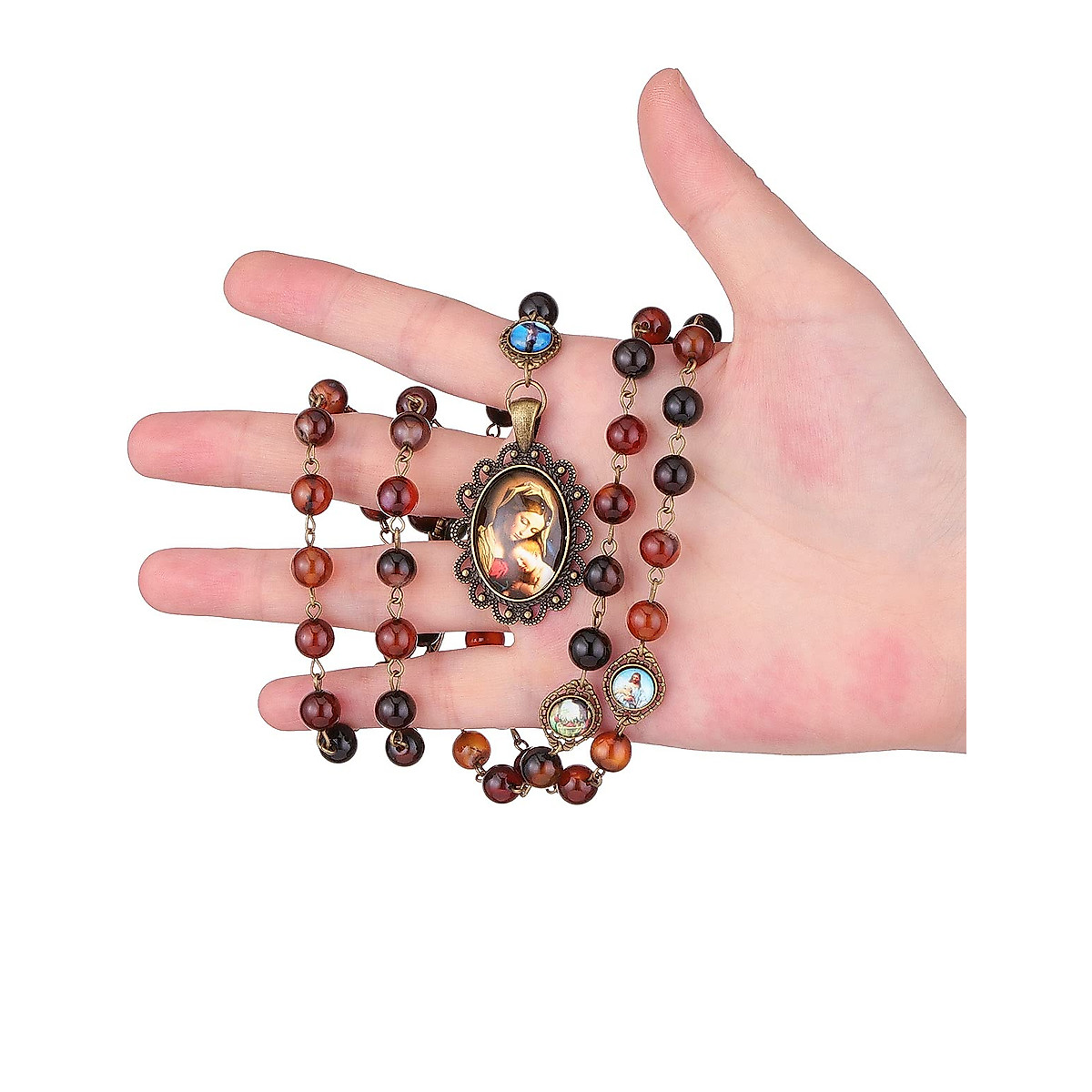 diyalo Servite Rosary of the Seven Sorrows 7 Prayer Beads Chain Religious Holy Blessed Virgin Mary Pendant Y-Necklace (Dark Brown Agate Beads)