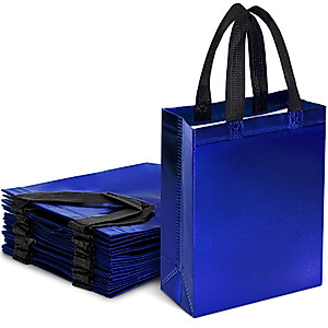 LovesTown 16PCS Blue Shiny Gift Bags, Goodie Bags Party Favor Bags Glossy Tote Bags Medium Size for Wedding Birthday Graduation (8"x 4"x 10")