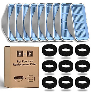 PEKTACO Cat Water Fountain Filters Replacement & Pre-Filter Sponges for 3.2L/108oz Automatic Pet Fountain, Dog Water Dispenser 9 Pack Filters & 9 Pre-Filter Sponges Foam Filters