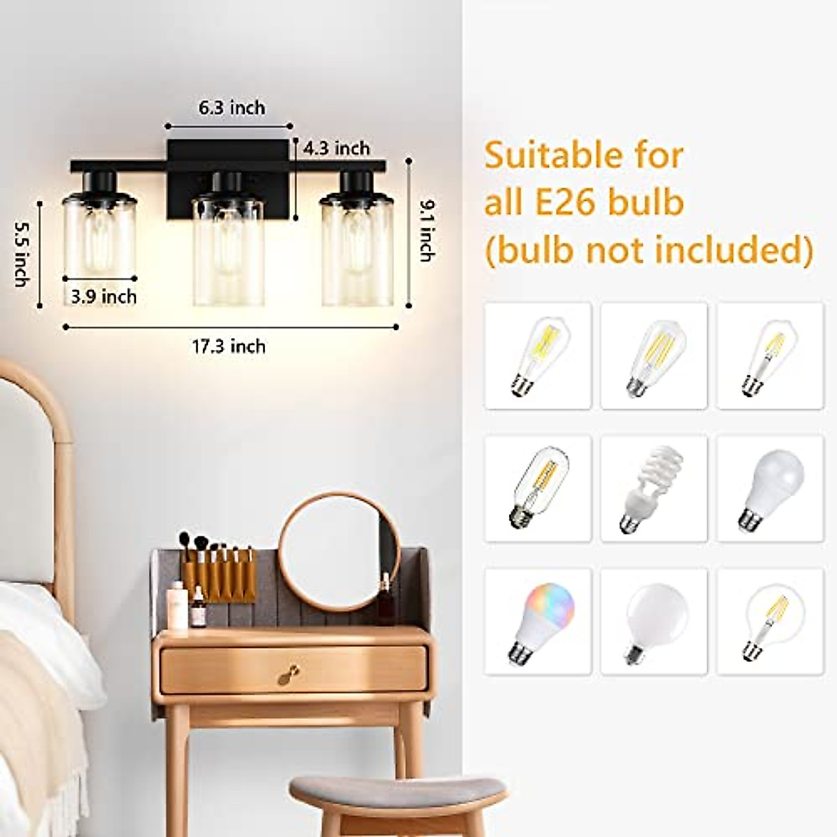 RyaHQ Bathroom Light Fixtures Over Mirror Bathroom Vanity Light Fixture 3 Light Vanity Lights for Bathroom Vanity Lighting Fixtures Wall Sconce Wall Lamp Wall Light Fixtures Black
