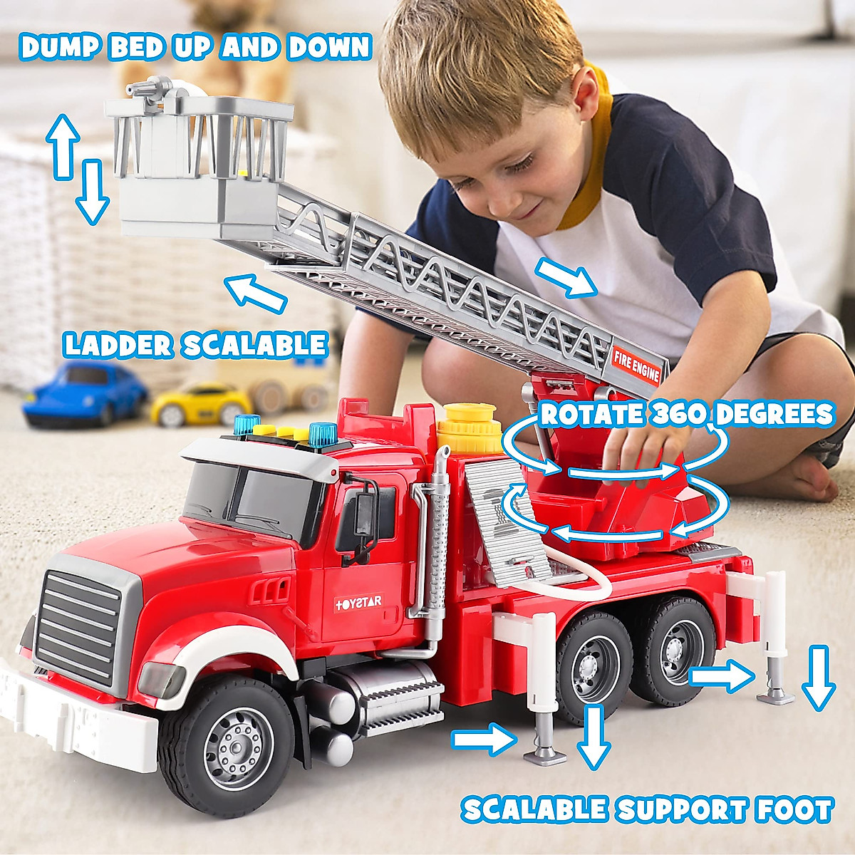 Dwi Dowellin Kids Fire Truck Toys for 3 4 5 6 Years Old Boys, Fire Rescue Vehicle with Shooting Water,Lights and Sounds