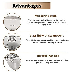 Daniks Classic Stainless Steel Stock Pot with Glass Lid | Induction 4 Quart | Dishwasher Safe Pot | Measuring Scale | Soup Pasta Stew Pot | Silver