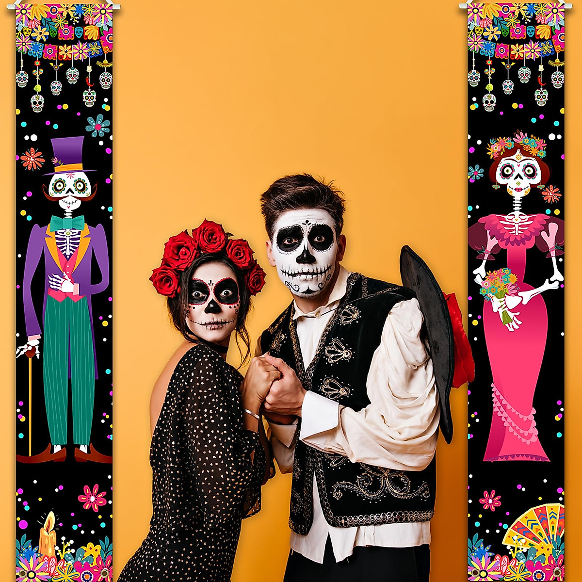 Avezano Day of The Dead Banner Mexico Dia De Los Muertos Decorations Mexican Skull Floral Hanging Door Banner Halloween Decorations Outside Indoor