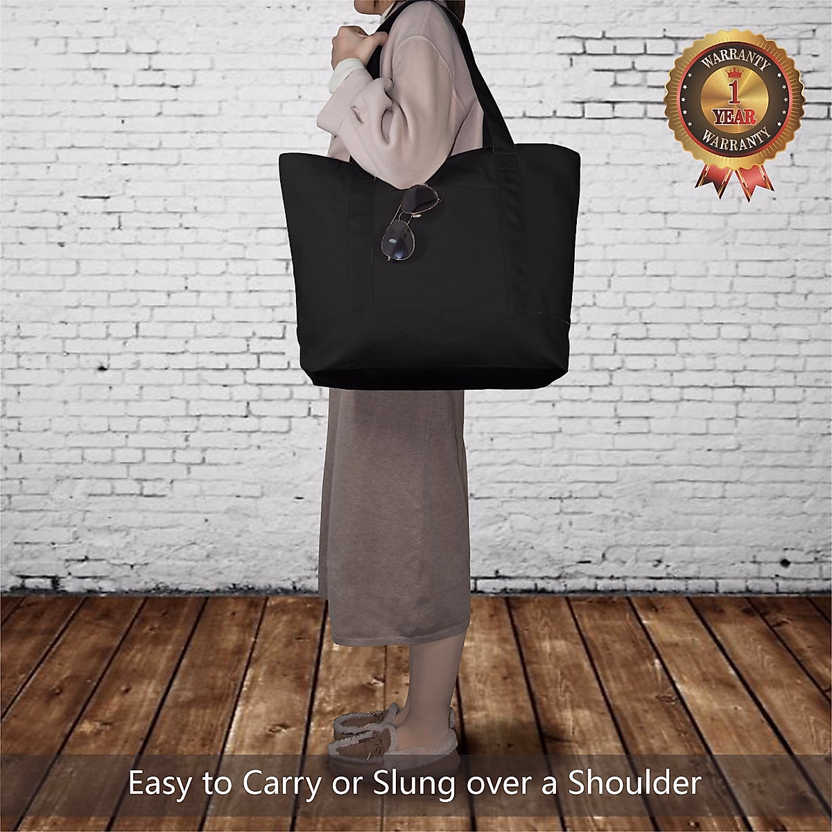 TOPDesign 1-Pack Canvas Tote Bag with an External Pocket, Reusable Grocery Shopping Bag, Top Zipper Closure, Daily Essentials (Black)