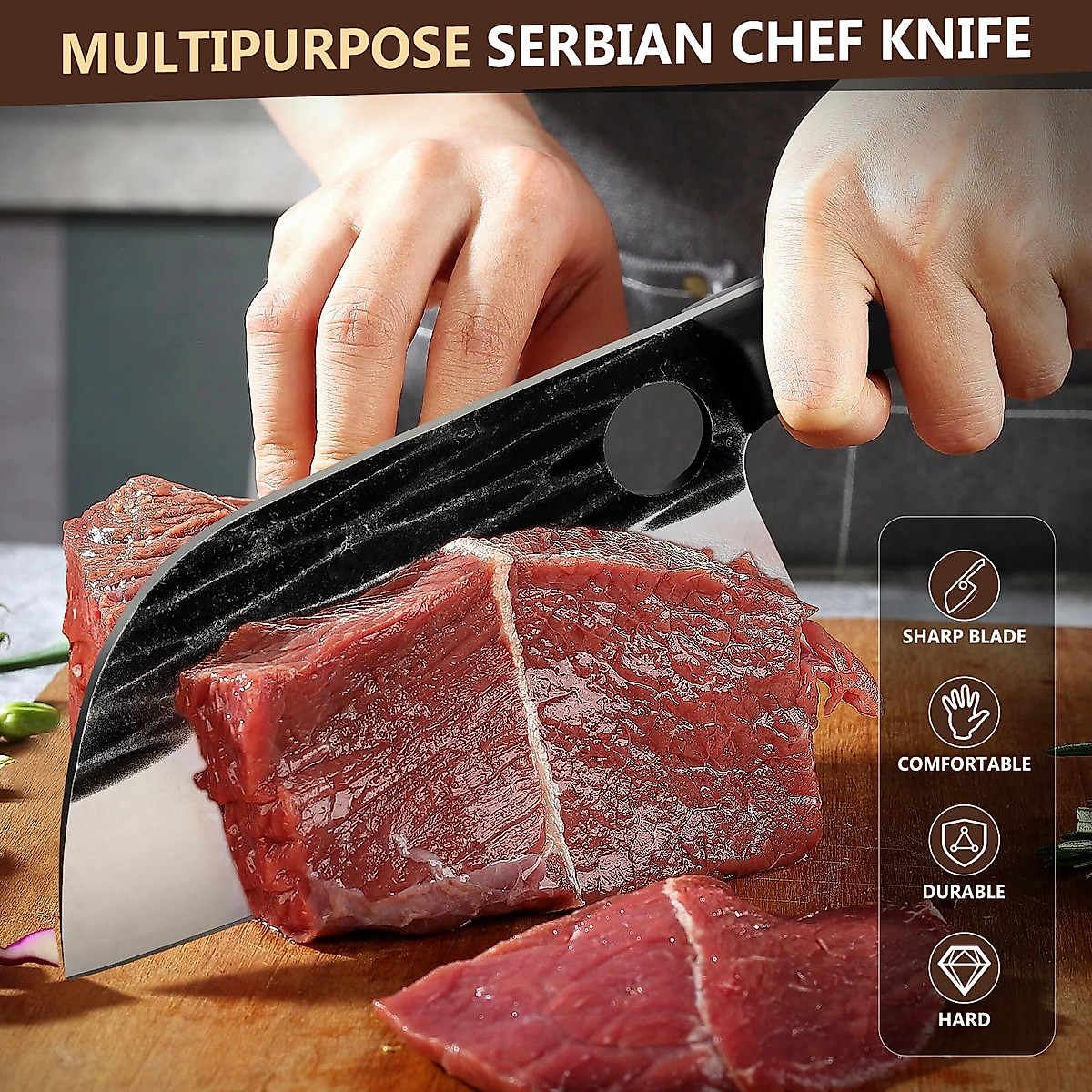 Huusk Serbian Chef Knife Hand Forged Meat Cleaver with Sheath High Carbon Steel Full Tang Knife Heavy Duty Butcher Knife for Kitchen or Camping Outdoor Christmas Gifts Gifts for Dad