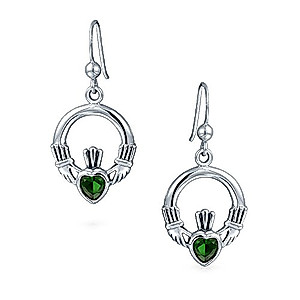 Friendship BFF Simulated Green Emerald CZ Heart Circle Irish Love Symbol Celtic Claddagh Dangle Earrings For Women Girlfriend Oxidized .925 Sterling Silver Fish Hook