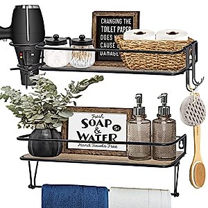 QEEIG Bathroom Shelves - Floating Shelves with Towel Bar Farmhouse Wall Mounted Shelf Over Toilet Small 16 inch Set of 2 (FS012)