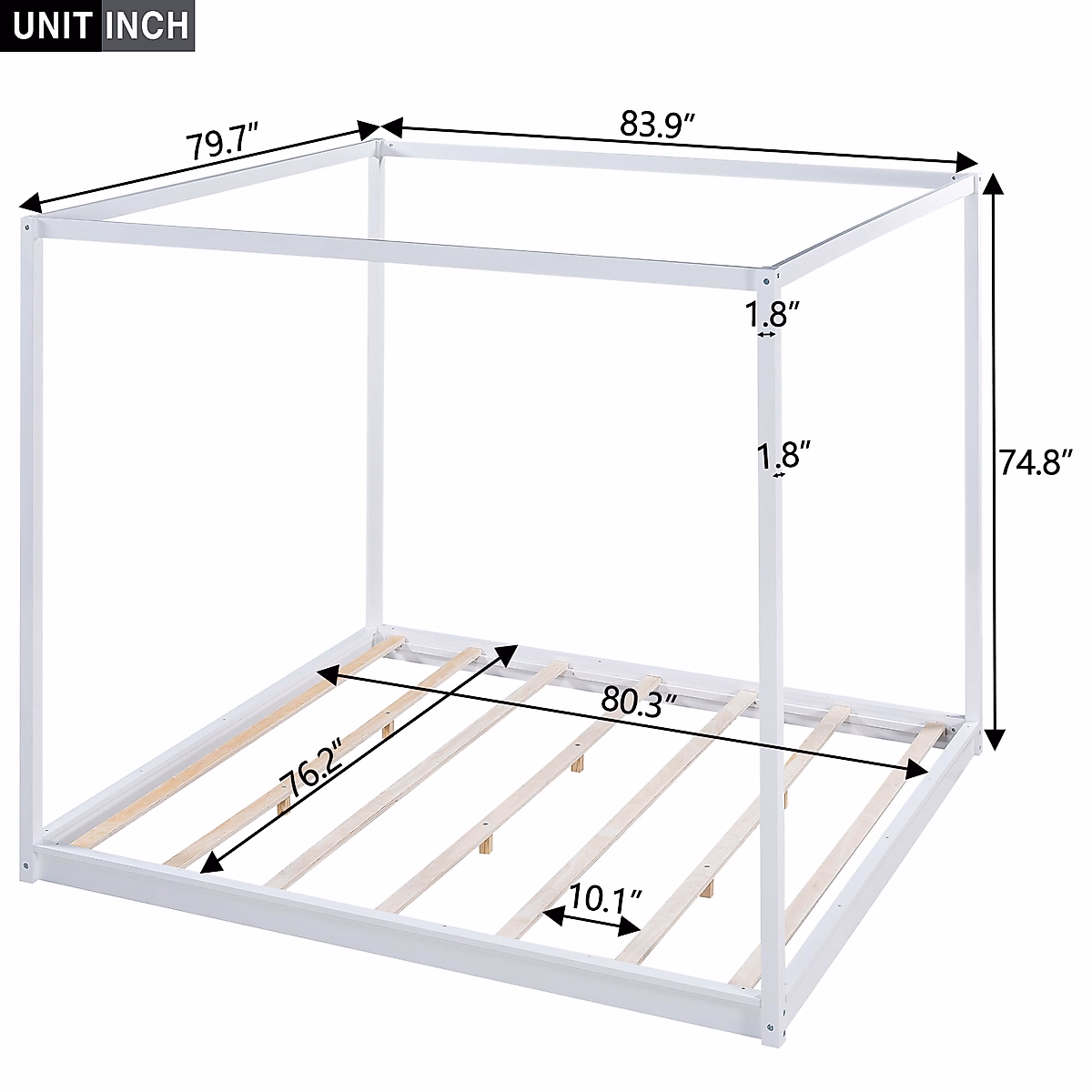 King Size Canopy Bed Frame, Wood Floor Bed with 4 Poster and Wooden Slats Support, No Box Spring Needed, White