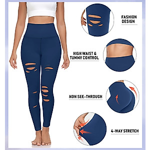 MOREFEEL Leggings for Women Ripped Leggings High Waist Cutout Tummy Control Workout Black Soft Yoga Pants