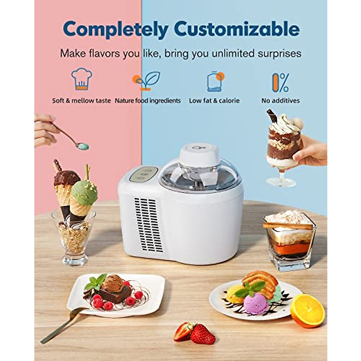 Ice Cream Maker Machine, Haimmy 700ml Automatic Electric Gelato Machine with 2 Modes, No Pre-Freezing Required, Keep Cool 4 Hours, Homemade Soft Serve Ice Cream Frozen Yogurt Sorbet Dessert Maker