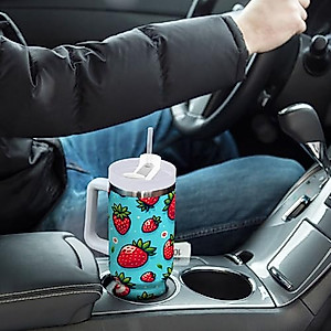 Jihqo Cute Strawberry Red Blue 40 oz Stainless Steel Vacuum Insulated Tumbler with Handle and Straw Lid, Leakproof Water Bottle Double Wall Travel Mug Coffee Cup, Cupholder Friendly
