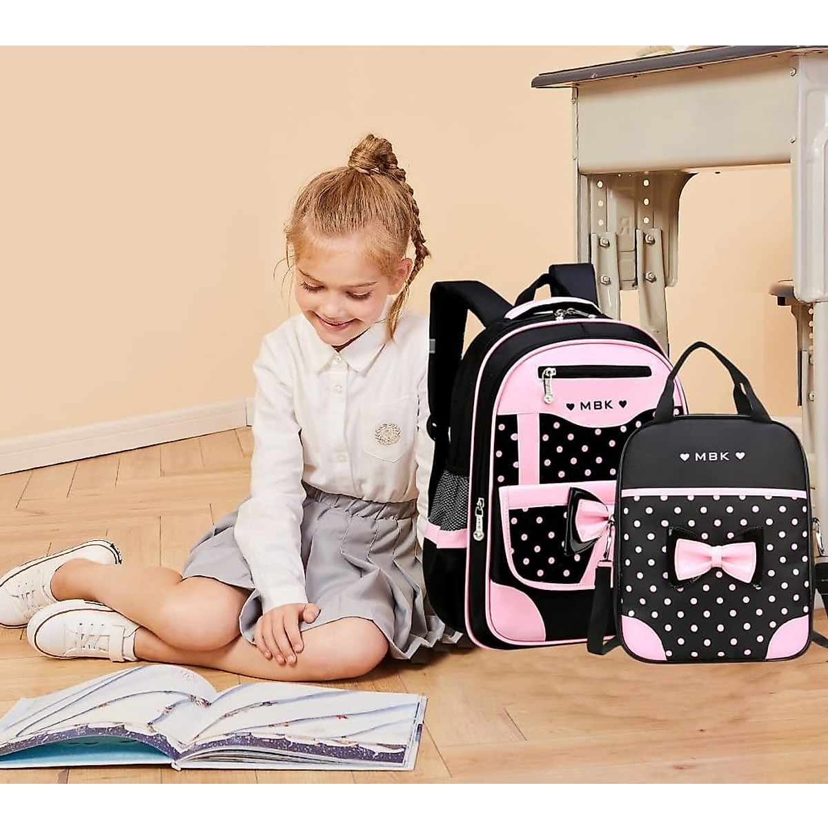 2Pcs Bowknot Wave Point Prints Primary School Bookbag Kids School Backpack Sets for Girls
