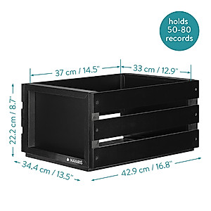 Navaris Wood Record Crate - Vinyl Album Storage Holder Box Wooden Case with Chalkboard Sign Board - Holds up to 80 LP Records - Black