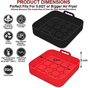 Air Fryer Silicone Pot, 2Pcs 8" Square Air Fryer Silicone Liners Food Safe Non Stick Air fryer Basket Accessories, Reusable Replacement of Parchment Liner Paper Fits 5.8QT or Bigger Square Air Fryer