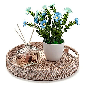 Round Rattan Serving Tray Decorative Woven Ottoman Trays with Handles for Coffee Table White (Small 11.8 inch x 2.4 inch)